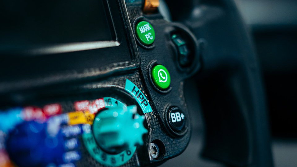 ‘WhatsApp button’ on steering wheel of Mercedes W15 F1 2024 car | Crash.net